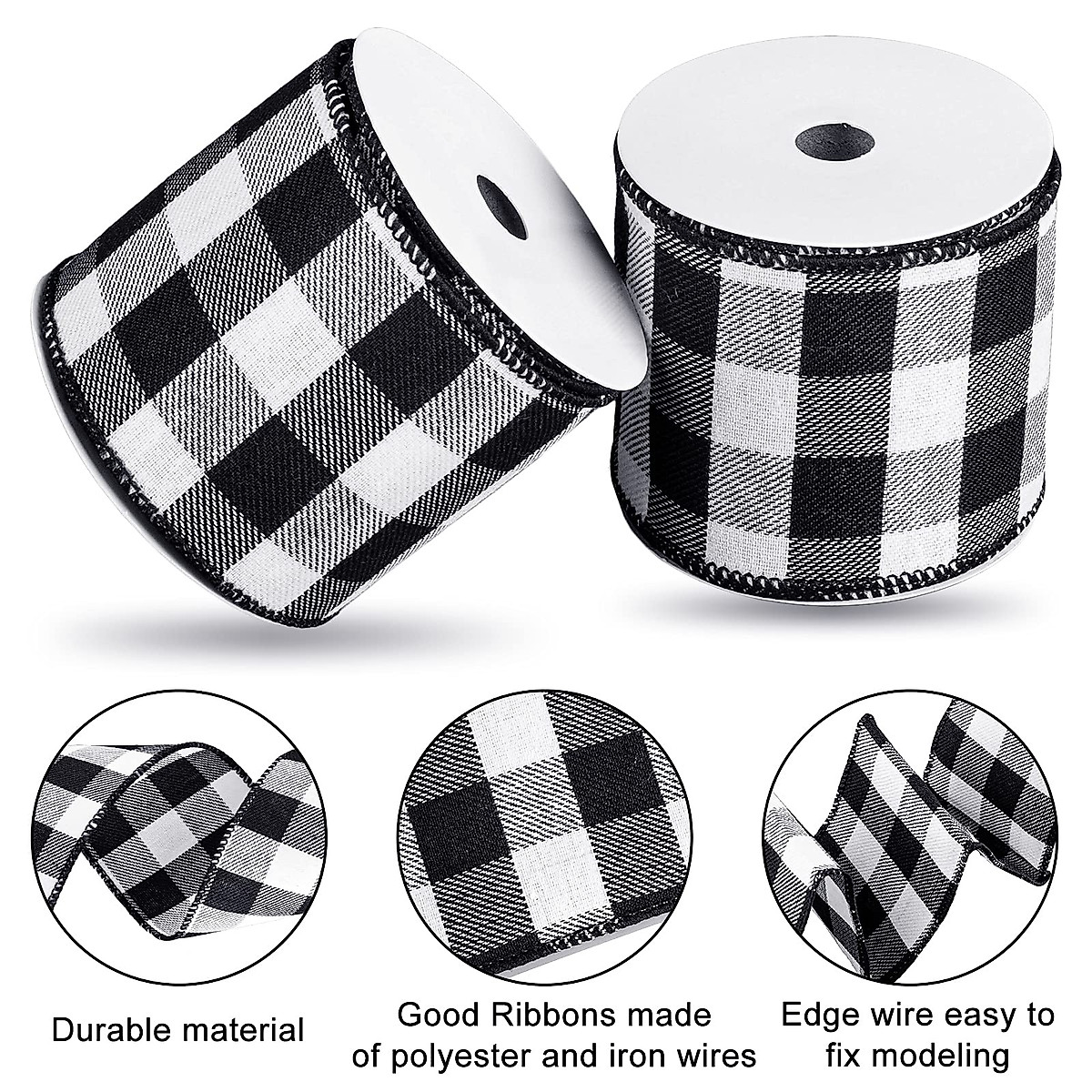 Whaline 2 Rolls Wired Edge Plaid Ribbon Christmas Buffalo Check Ribbon White Black Plaid Ribbon 2.5" Wide Farmhouse Craft Ribbon for DIY Gift Wrapping Wreath Xmas Tree Bow Decoration, 10 Yard