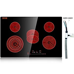 VEVOR Built in Electric Stove Top, 30 inch 5 Burners, 240V Glass Radiant Cooktop with Sensor Touch Control, Timer & Child Lock Included, 9 Power Levels for Simmer Steam Slow Cook Fry