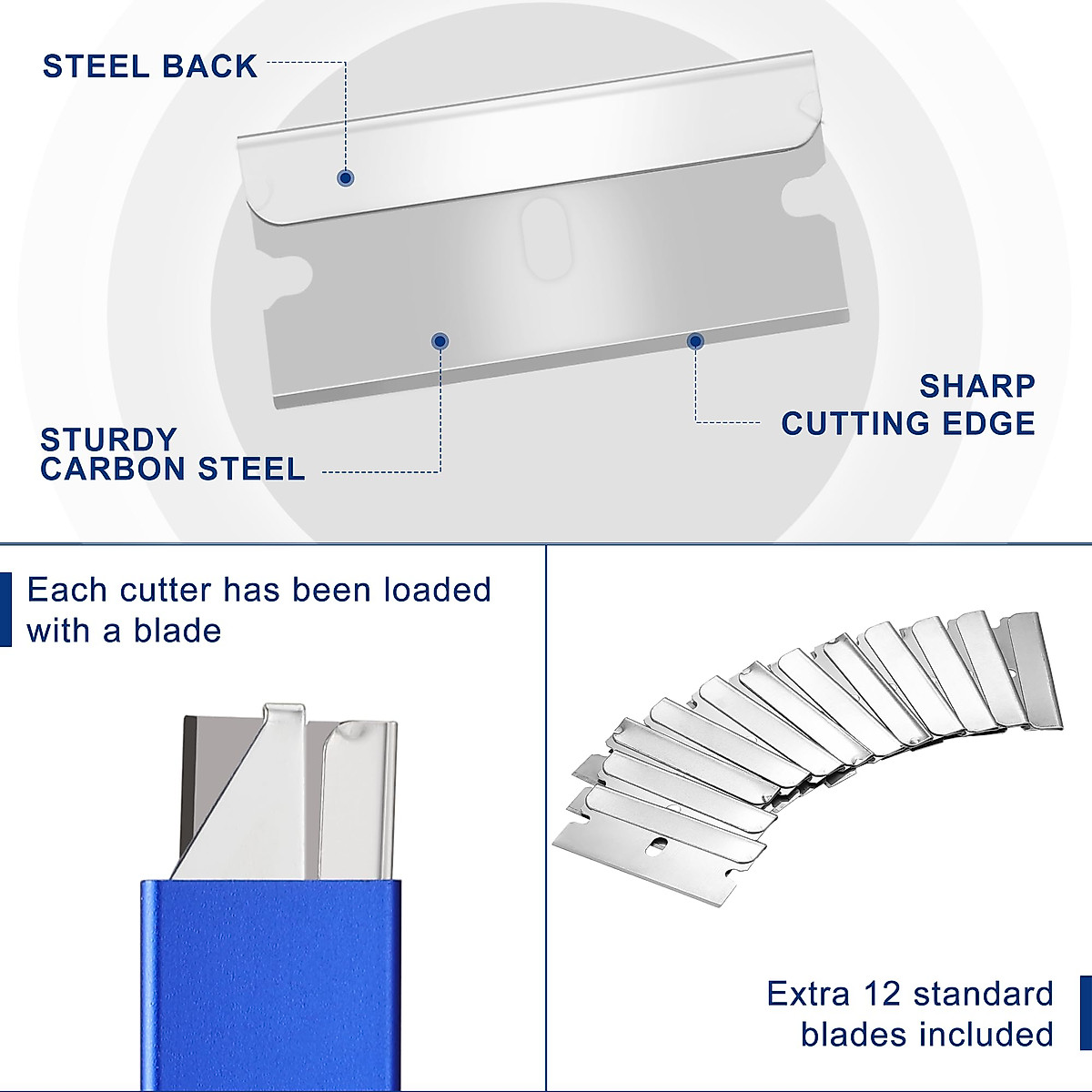 WORKPRO 12-Pack Box Cutter Retractable - Utility Knife with Single Edge Razor Blade - Razor Knife Box Opener Cardboard Cutter with Metal Sheathes- Extra 12-Pack Razor Blades for Replacement - Blue