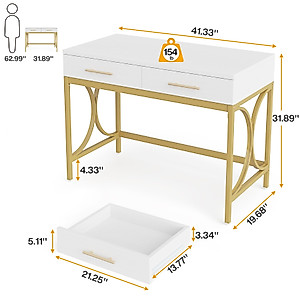 Tribesigns Modern Computer Desk with 2 Drawers, 41 Inches Study Writing Office Desk for Home Office, Bedroom, Makeup Vanity Table Desk with Gold Metal Frame, White & Gold