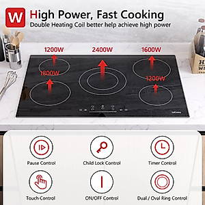 Electric Cooktop Ceramic Stove 5 Burners 30 inch Built-in Countertop Burners Cooker Satin Glass in Black Touch Sensor Control,Timer,Child Safety Lock,9 Power Levels,220-240V