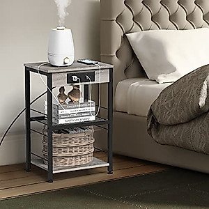 NORCEESAN Nightstand with Charging Station End Table with USB Ports and Power Outlets Side Tables Bedroom with Storage Shelves Industrial End Table 3 Tier (Grey)