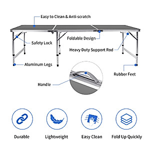 Moosinily 6 Ft Folding Table Adjustable Height Camping Table Aluminum Portable Table with Handle Tri-fold Outdoor Table Picnic BBQ Party Black