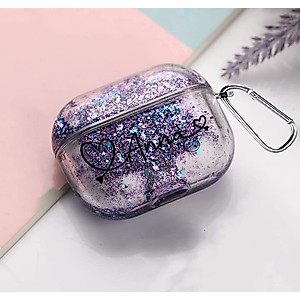 Purple Glitter Case For AirPods Pro Custom Name Keychain Protective Liquid Quicksand Personalized Pods 3 Cover Gift For Men Women MN2