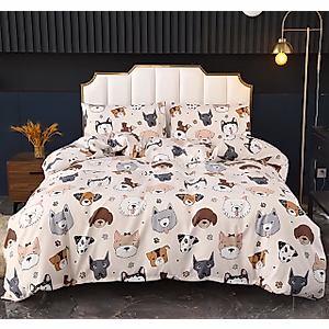 SDY 3PCS Dog Print Pattern Duvet Cover Set Twin, Bed in a Bag Duvet Cover and 2 Pillowcases, Corner Ties and Zipper Closure, Cute Cartoon Puppy Bedroom Decor for Kids, Children, Boys, Girls and Teens