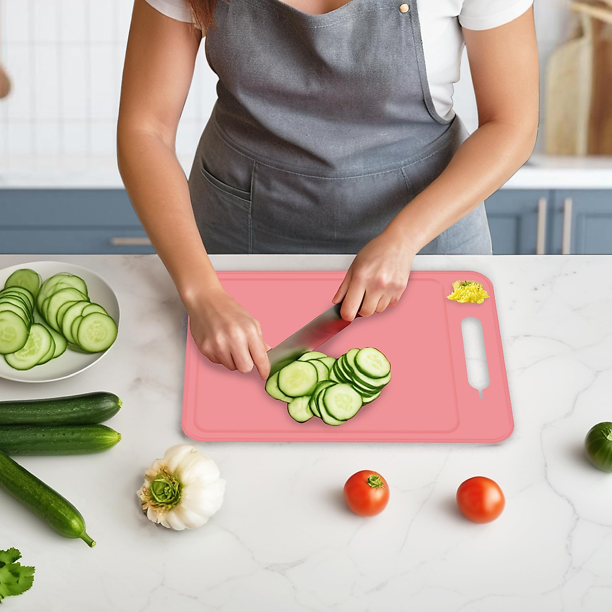 4-in-1 Defrosting Tray for Frozen Meat with Cutting Board, Knife Sharpener & Garlic Grater - Self Thawing Tray & Non-Slip Pink Chopping Boards by EliKai