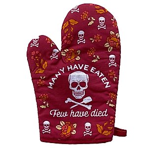 Many Have Eaten Few Have Died Oven Mitt Funny Sarcastic Cooking Kitchen Glove Funny Graphic Kitchenwear Halloween Funny Sarcastic Novelty Cookware Red Oven Mitt