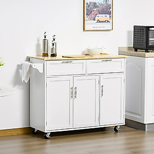 HOMCOM Mobile Kitchen Island with Storage, Kitchen Cart with Wood Top, Storage Drawers, 3-Door Cabinets, Adjustable Shelves and Towel Rack, White