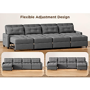 Aiho Pull Out Couch - 4-Seater Sectional Sleeper Sofa, Convertible with Adjustable Backrest & Spring Support for Living Room, Dark Grey
