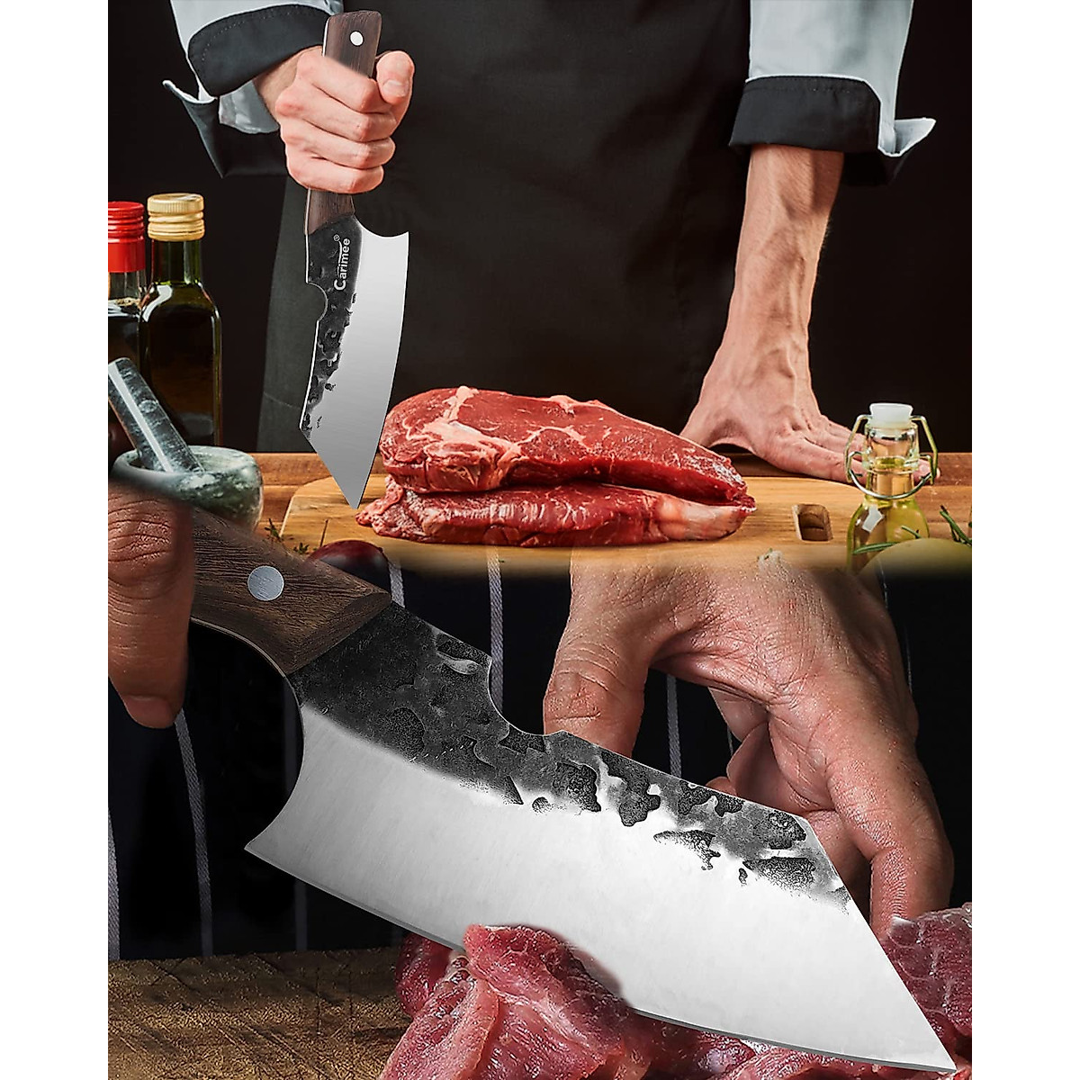 Meat Cleaver Knife High Carbon Steel Hand Forged Kitchen Chef Knives 7 Inch Full Tang Viking Knife with Sheath Butcher Boning Knife for Meat Cutting Outdoor Camping BBQ