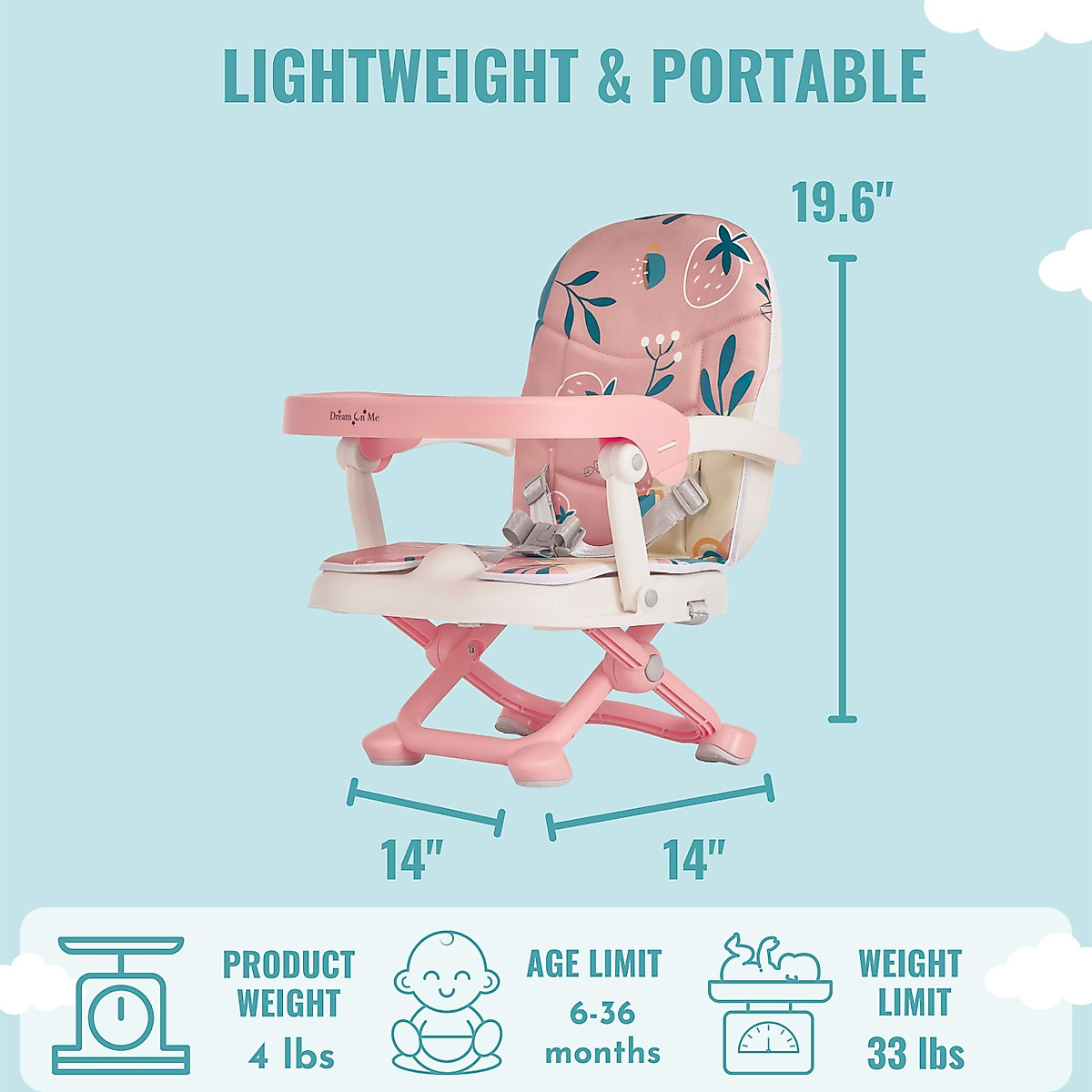 Dream On Me Munch N Go Booster Seat for Dining Table, Lightweight Compact Fold Travel Booster Seat, 3-in-1 Convertible, Four Level Height Adjustment and Easy Tray Removal