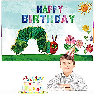 Cartoon Very Hungry Little Green Caterpillar Happy Birthday Banner Backdrop Insects Theme Decor for 1st Birthday Party Baby Shower Photo Studio Booth Props Background Supplies Favors Decorations