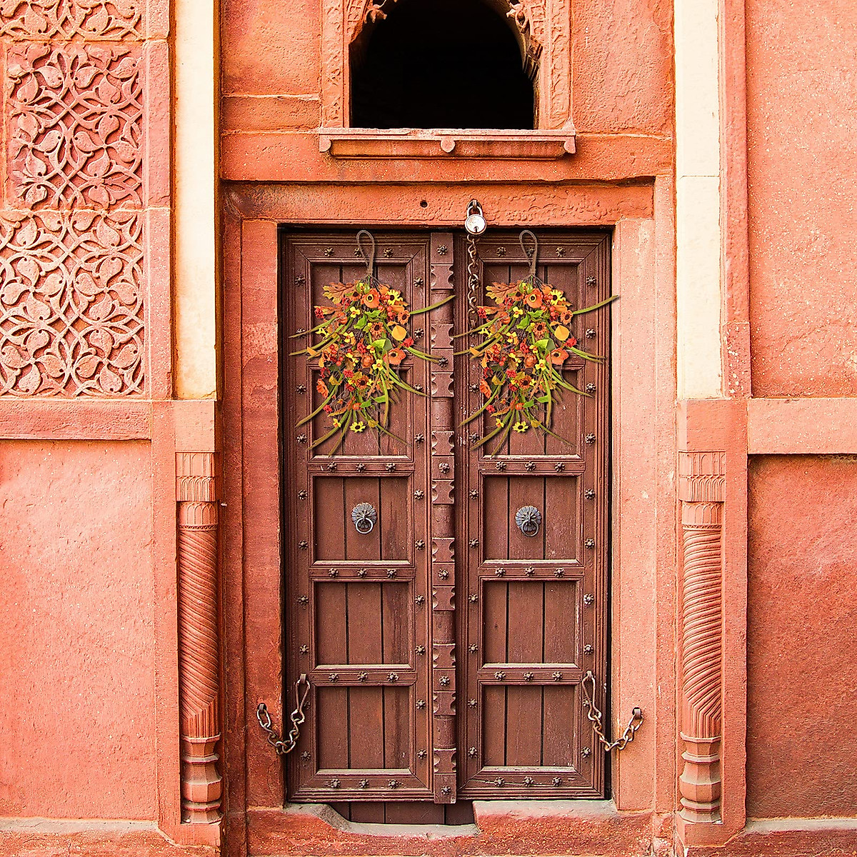 FXforer 25Inch Artificial Sunflower Pumpkin Fall Swag,Simulation Autumn Teardrop Floral Swag,Farmhouse Hanging Front Door Decorative Swag for Garden Home Wall Festival Decoration