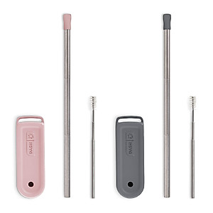 DASH Super Straw - Stainless Steel Magnetic Reusable Straw with Carrying Case and Cleaning Brush Included, 2-Pack - Grey/Rose, 9.5 Inches (DMSS002)