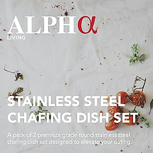 ALPHA LIVING 70012-R Dish Set of 2 – Complete Stainless Steel Chaffe Set with Glass Lids, Chafing Fuel Holder – Elegant and Practical Warmer Trays for Buffet, Wedding, Catering Supplies