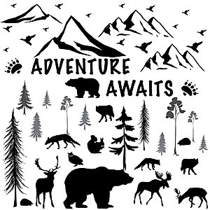 4 Sheets Mountain Wall Decal Rustic Nursery Wall Decals Dreamy Forest with Pine Tree Deer Peel and Stick Inspirational Quote Wall Stickers DIY Wall Decals for Kids' Room (Black,19.69 x 15.75 Inches)