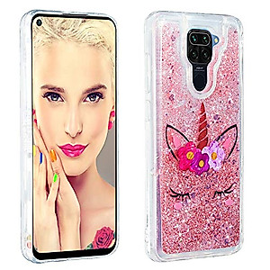 OOPKINS Glitter Liquid Case for Redmi Note 9 Sparkle Floating Shiny Quicksand Clear Soft TPU Silicone Shockproof Protective Bumper Thin Cover for Redmi Note 9 Bling Eyelash Unicorn XY