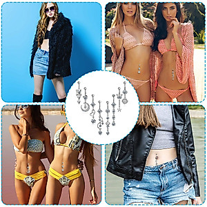 8 Pieces 14G Belly Button Rings Steel Long Dangle Navel Ring CZ Body Piercing Jewelry (Silver)