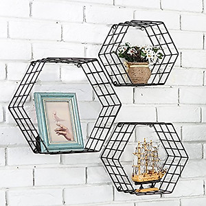 MyGift Black Metal Wall Mounted Crystal Display Shelf, Modern Wire Decorative Floating Shelves for Bedroom Living Room Office, Set of 3