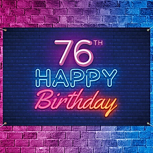 Glow Neon Happy 76th Birthday Backdrop Banner Decor Black – Colorful Glowing 76 Years Old Birthday Party Theme Decorations for Men Women Supplies