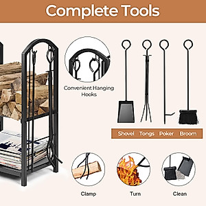 Tangkula Firewood Rack with 4 Fireplace Tools, Firewood Rack Bin Log Holder with Fire place Assecories Tools Set Includes Brush, Shovel, Poker, and Tongs(17.5 x 12 x 29.5 inches)