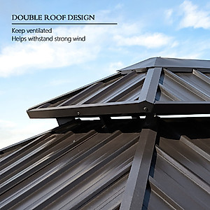 Ulax Furniture 12' x 16' Outdoor Gazebo Patio Permanent Hardtop Pergola with Aluminum Frame Galvanized Steel Double Roof Mosquito Net and Privacy Curtain