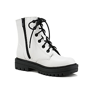 Soda FIRM-2 KIDS/CHILDREN/GIRLS Lug Sole Fashion Combat Ankle Bootie Lace up w/Side Zipper (WHITE PU, numeric_3)