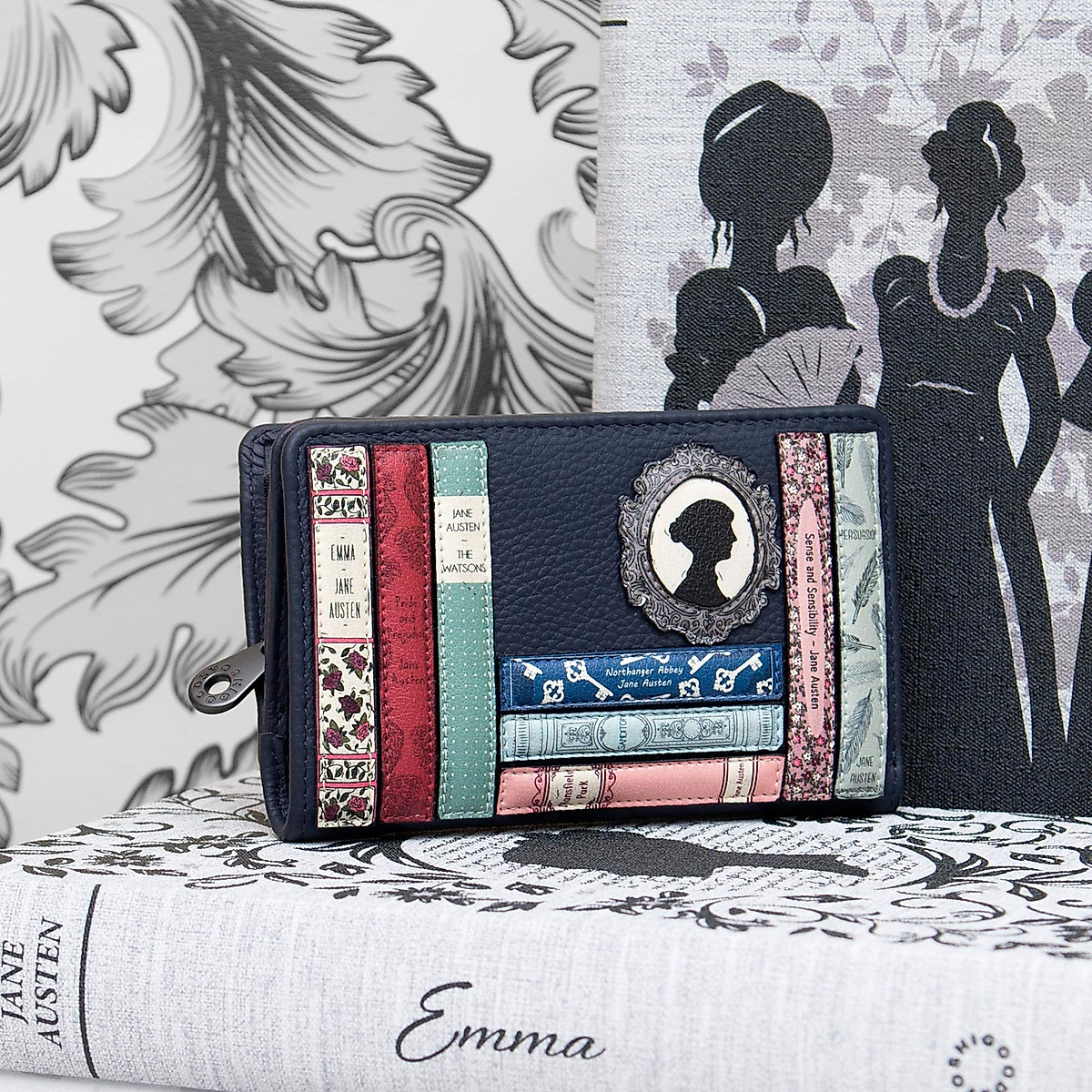 Yoshi Jane Austen Bookworm Flap Over Ladies Purse, Genuine Leather Womens Wallet, Navy, One Size, Classic