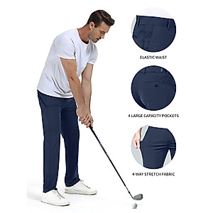 LUSHENUNI Men's Golf Pants Slim High Stretch, Ice Silk Dress Pants with Expandable-WAIS Pants (33, Blue)