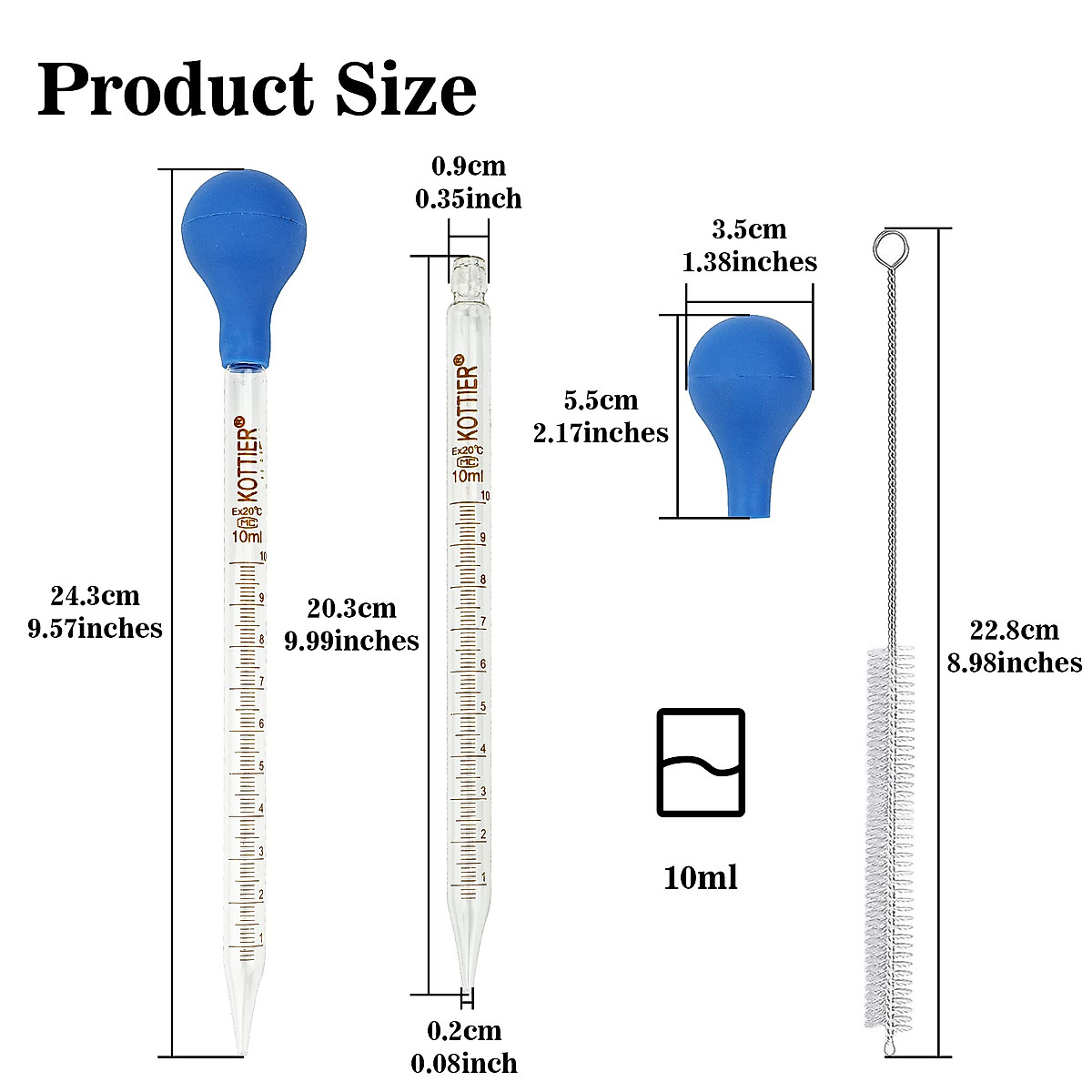 3Pcs Glass Pipettes Dropper, 10ml Graduated Liquid Dropper with Rubber Bulb and Cleaning Brush, Transfer Pipettes for Essential Oil