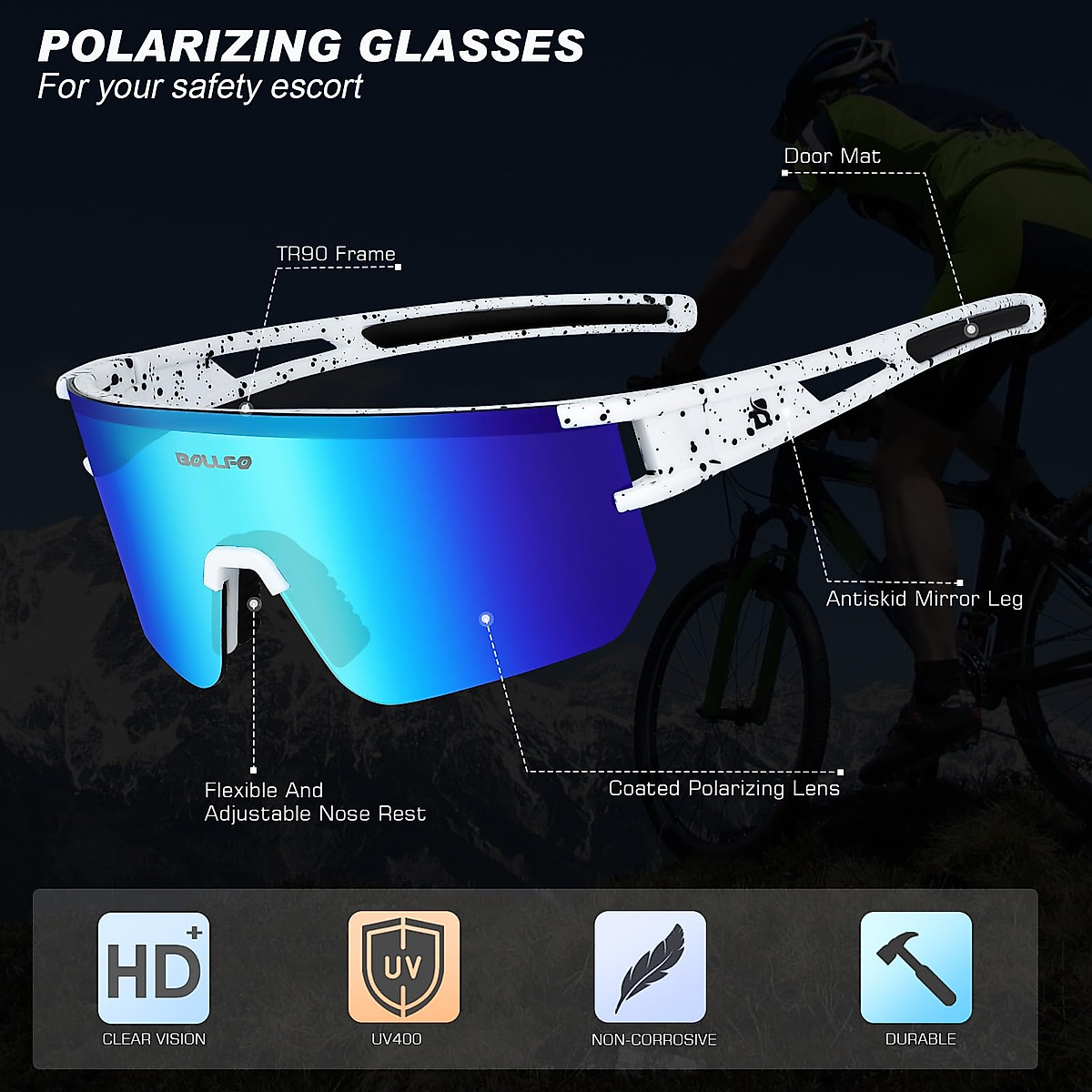 BOLLFO Cycling Sunglasses, UV 400 Eye Protection Polarized Eyewear for Men Women