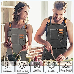 Bluegogo Chef Aprons for Men Women, Cotton Canvas Cross Back Adjustable Apron with Large Pockets for Kitchen Garden Salon (Grey)