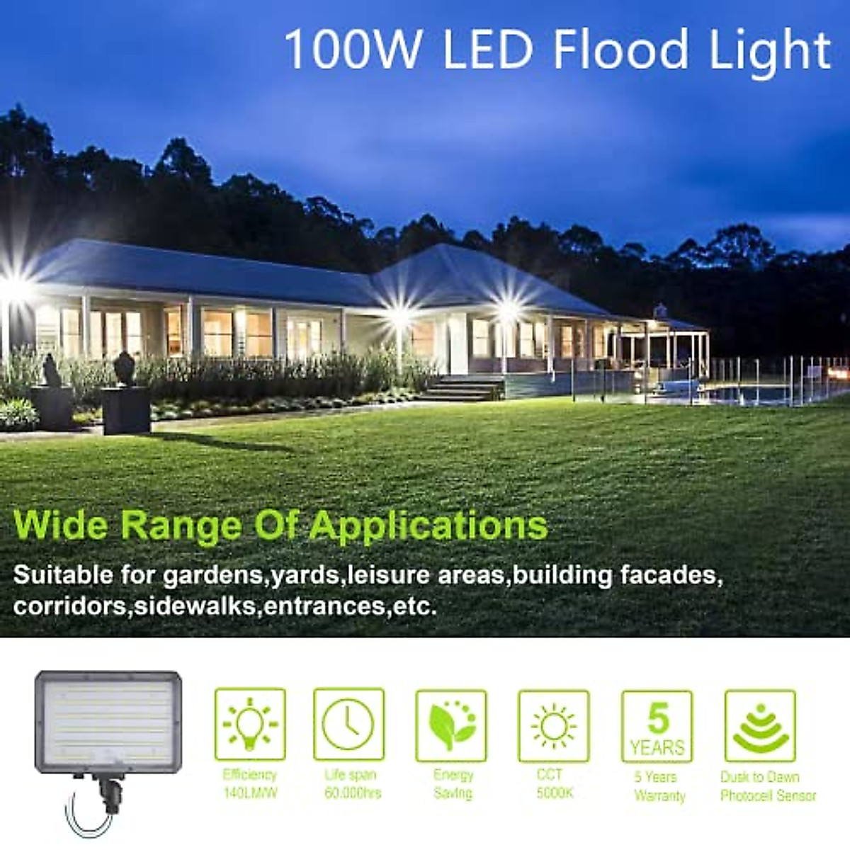 Paktonvo 100W LED Flood Light with Knuckle, Outdoor Flood Light Dusk to Dawn Photocell 5000K 14000lm AC100-277V Equivalent 1000W, ETL Waterproof Wall Mount LED Security Light for Yard Garden (2 Pack)