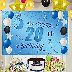 Sweet Happy 20th Birthday Backdrop Banner Poster 20 Birthday Party Decorations 20th Birthday Party Supplies 20th Photo Background for Girls,Boys,Women,Men - Blue 72.8 x 43.3 Inch