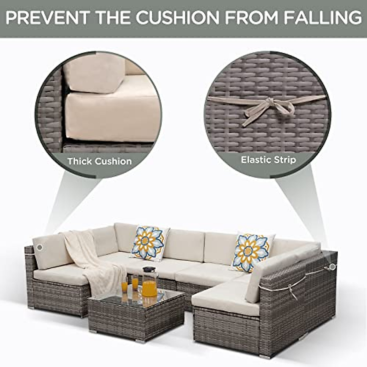 SUNVIVI OUTDOOR 7 Piece Patio Sectional Grey Wicker Furniture for Backyard, Garden with String Beige Cushions, Clips, Coffee Table