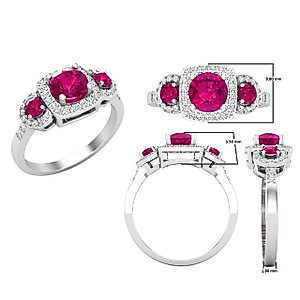 Dazzlingrock Collection Round Lab Created Ruby & Natural White Diamond Women 3 Stone Halo Style Engagement Ring, Sterling Silver, Size 8.5