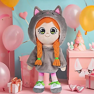 17" Soft Baby Doll Toys, My First Baby Doll with Grey Cute Kitten Character Hoodie Cloth, Soft Stuffed Rag Dolls for Toddler Kids Infants