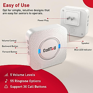 CallToU Wireless Caregiver Pager Smart Call System 4 SOS Call Buttons/Transmitters 2 Receivers Nurse Calling Alert Patient Help System for Home/Personal Attention Pager 500+Feet Plugin Receiver