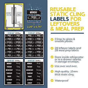 Reusable Food Labels for Food Containers -56 Static Cling Food Label Stickers for Refridgerator/Freezer Organization Fridge Storage Kitchen Accessories Gadgets for Meal Prep Containers (B&W)