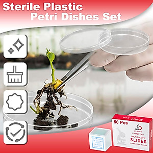 Sterile Plastic Petri Dishes Set, 50 Pcs Pre-Cleaned Blank Microscope Slides, 100 Pcs 20x20mm Square Cover Glass, 5 Pcs 90mm Diax15mm Deep Lab Petri Plate Dish with Lid and 10 Test Pipette Droppers