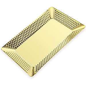 Koluti 12 Inch Gold Rectangle Decorative Tray, Brass Tone Hammered Nightstand Accessory Dresser Serving Plate, Counter Perfume Jewelry Makeup Organizer Storage, Stainless Steel