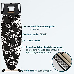 Bartnelli Pro Luxury Ironing Board - Extra Wide 51x19” with Heavy Duty Steam Iron Rest, and Wheels for Easy Storage, Adjustable Height, T-Leg, Foldable, European Made