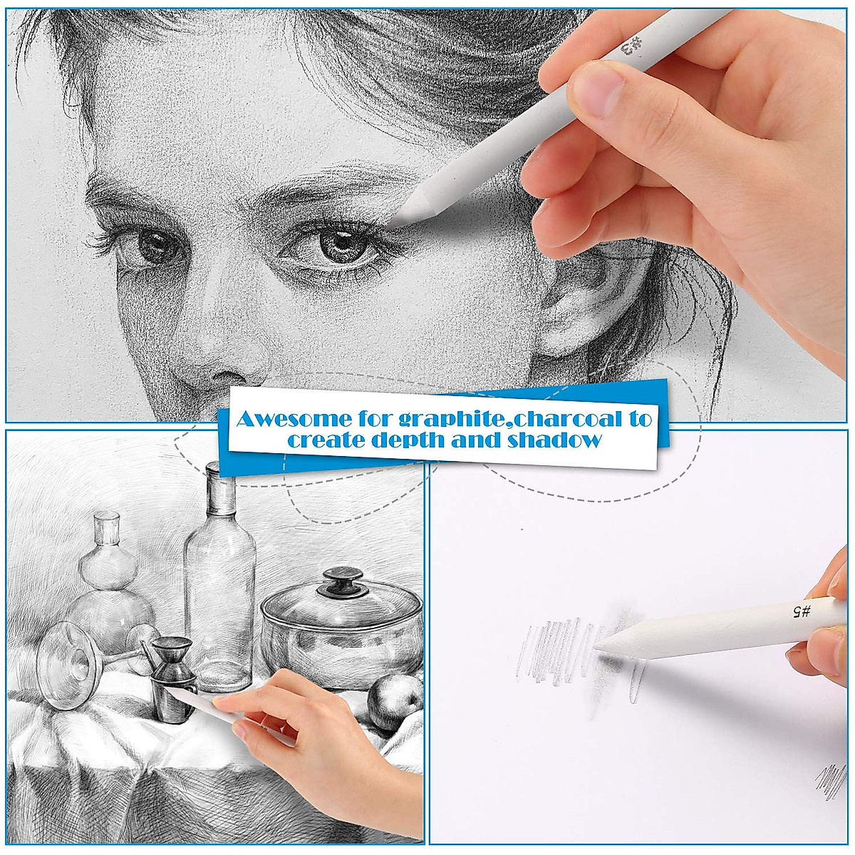 22 PCS Sketch Drawing Tools, AGPTEK 16 Blending Stumps Set with 2 Sandpaper Pencil Sharpeners, 1 Pencil Extension Tool, 2 Erasers & 1 Felt Bag for Student Sketch Drawing Accessories