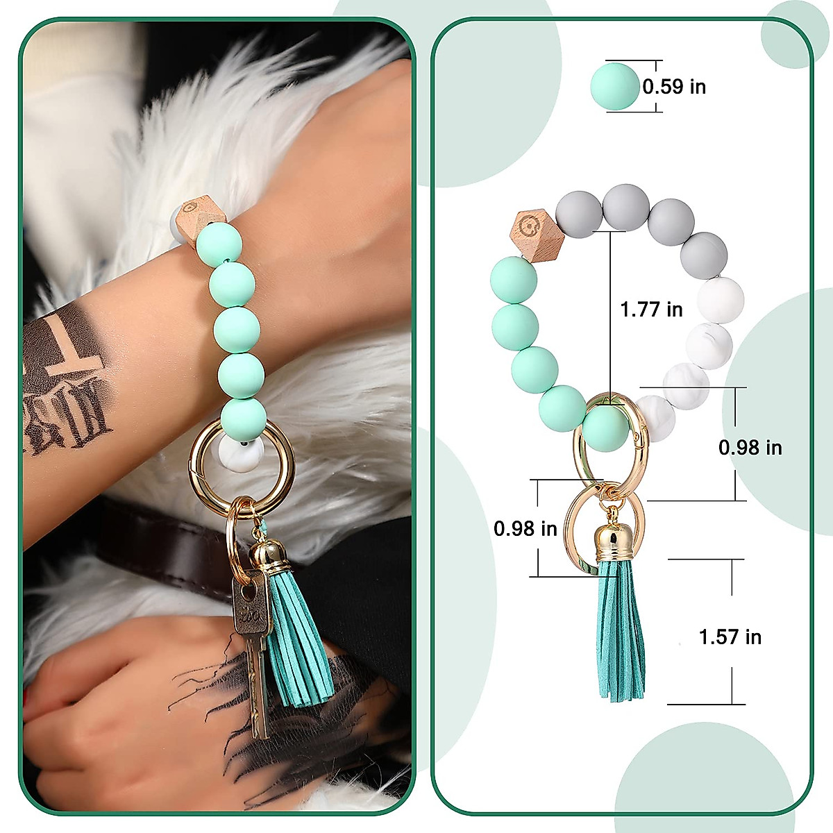 Coolcos Silicone Key Ring Bracelet for Women Portable Keychain Holder, Car Keychain Elastic Beaded Wristlet with Tassel (Mint Green)