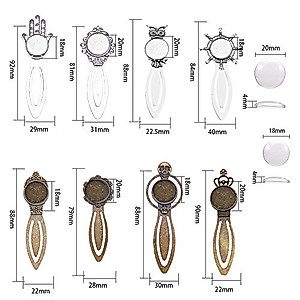 SUNNYCLUE 16Pcs 2 Colors Owl Hamsa Hand Bookmark Pendant Tray Kit Include 8pcs Metal Cabochon Bookmark Blank 8pcs Oval Round Clear Glass Cabochon Lucky Hand of Fatima Magic Style Clock Owl Bookmarks