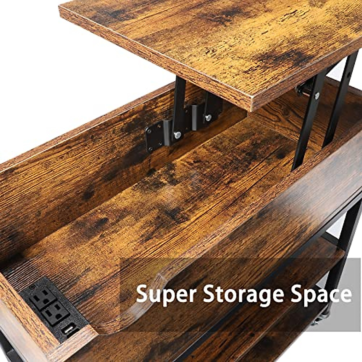 MOOACE End Table with Charging Station, Lift Top Nightstand Mobile Narrow Bedside Tables with USB Ports and Outlets for Living Room, Bedroom, Large Storage Space Cabinet, Rustic Brown