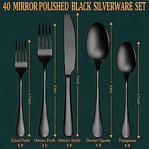 40 Pcs Black Silverware Set, Stainless Steel Flatware Set for 8, Food-Grade Cutlery Set, Mirror Polished Tableware Eating Utensils Set for Home Kitchen, Include Knife Fork Spoon Set, Dishwasher Safe