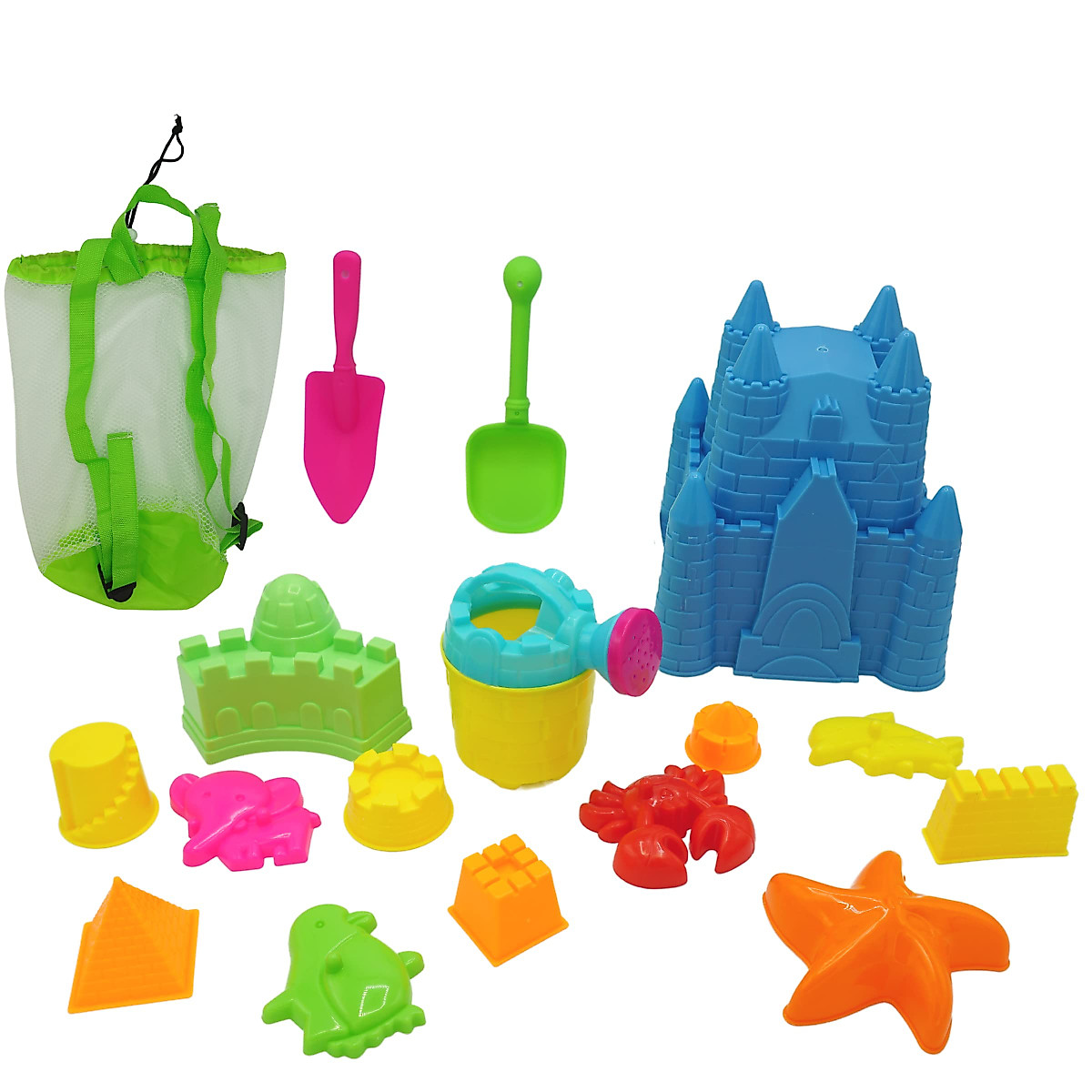4E's Novelty Beach Toys for Kids with Bag (17 Pcs Set) Castle Beach Bucket with Shovels & Molds - Beach Toys for Kids 3-10, Sand Toys for Toddlers with Mesh Beach Bag Backpack