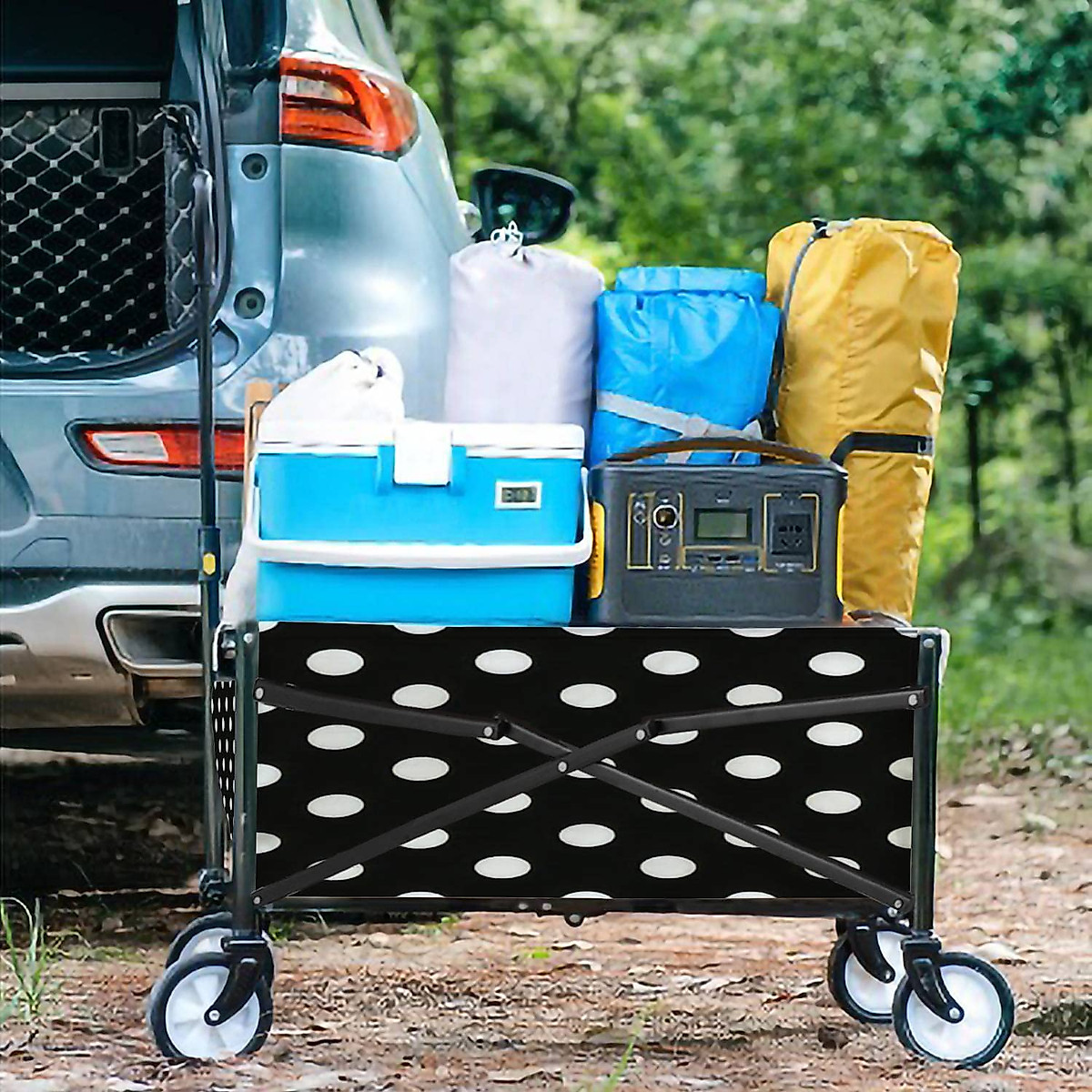 Collapsible Wagon Cart Black and White Polka Dot Foldable Utility Wagon Large Capacity Garden Cart with Push Bar for Beach Camp Outdoor Shopping