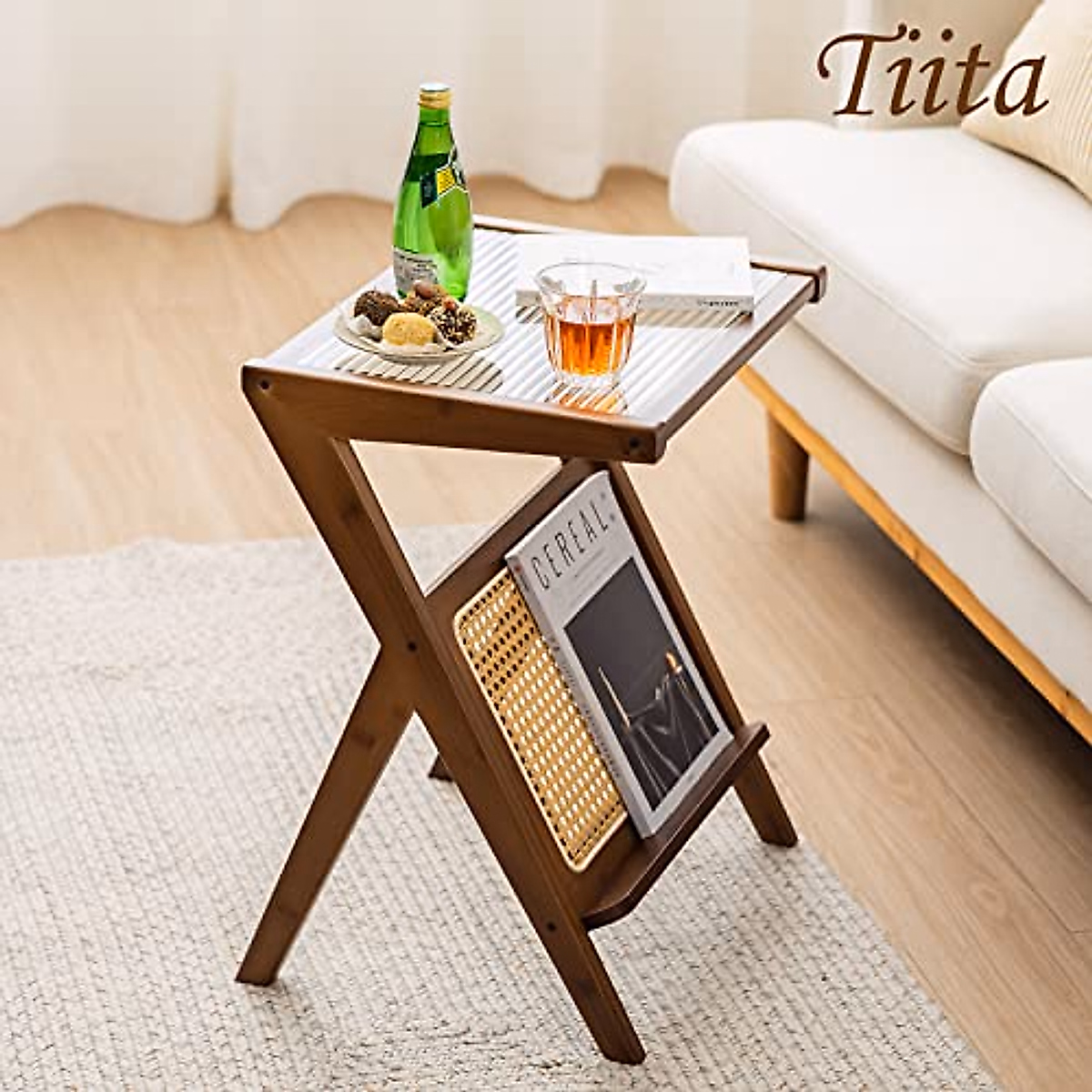Tiita Rattan Nightstand Side Table, Bamboo Accent Bedside Tables, Glass Coffee Tables, Boho Wooden End Table with Storage for Small Space, Living Room and Bedroom